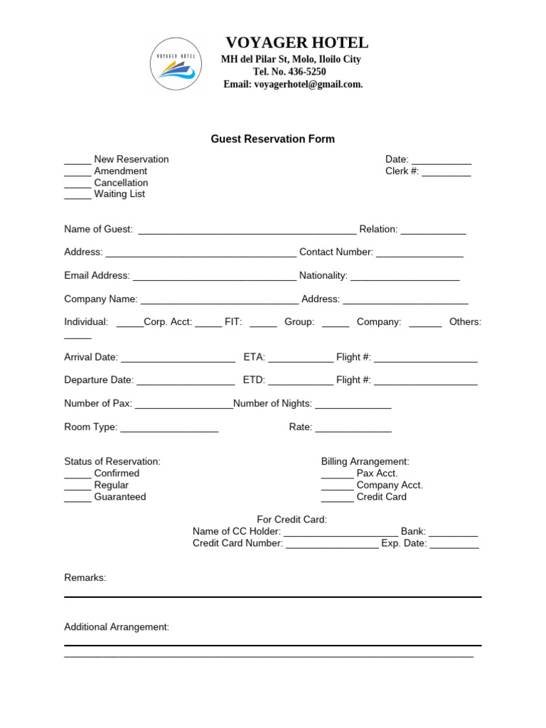 Voyager Hotel Guest Reservation Form | PDF | Credit Card | Financial ...