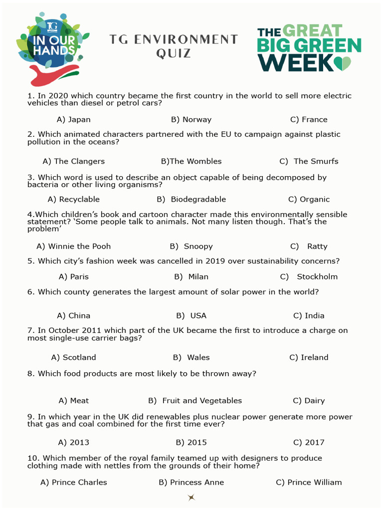 Environment Quiz | PDF | Recycling | Plastic