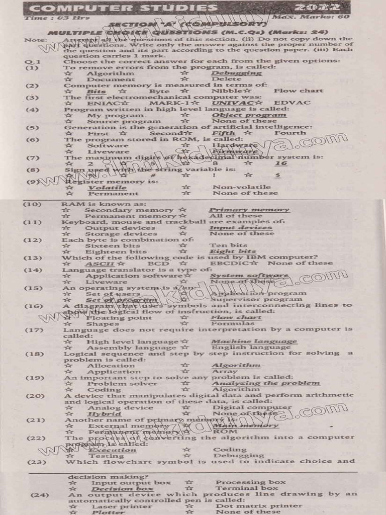 Karachi Board 9th Class Computer Science Objective Past Papers 2022 ...