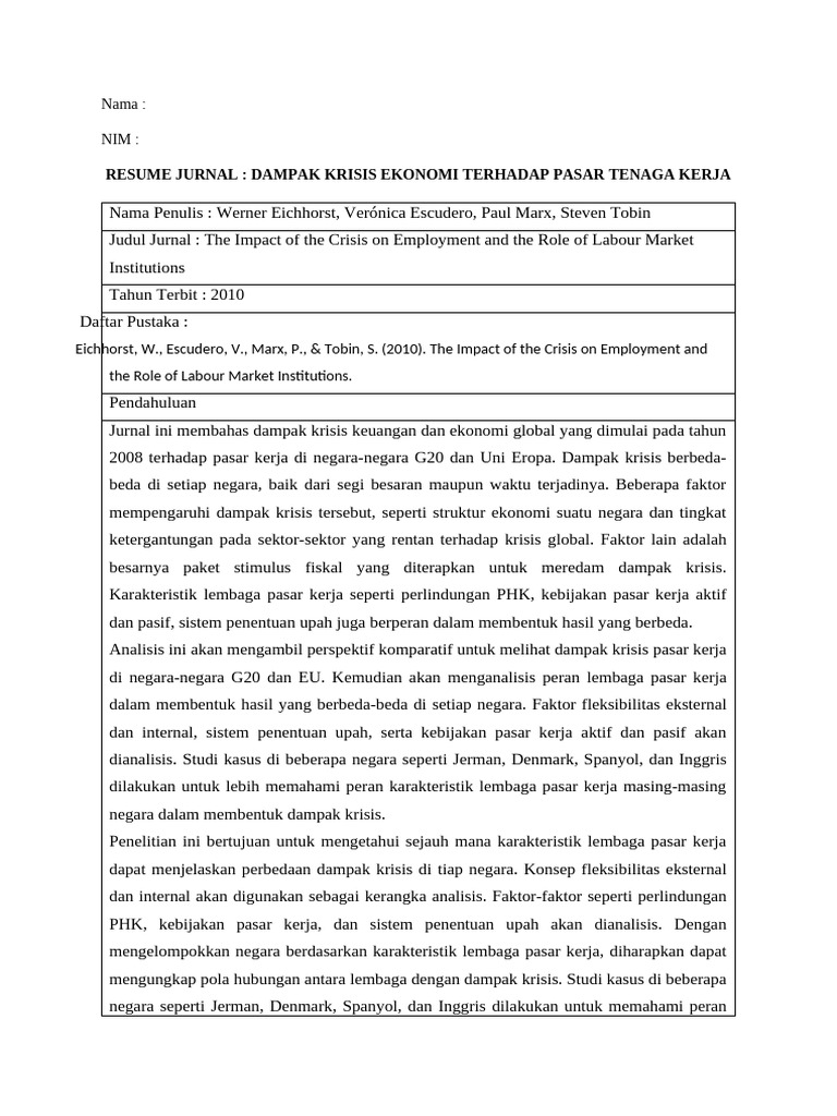 Review Jurnal - Dampak Krisis Ekonomi Terhadap Pasar Tenaga Kerja | PDF