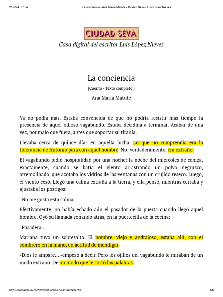 La Conciencia - Ana María Matute - Ciudad Seva - Luis López Nieves | PDF