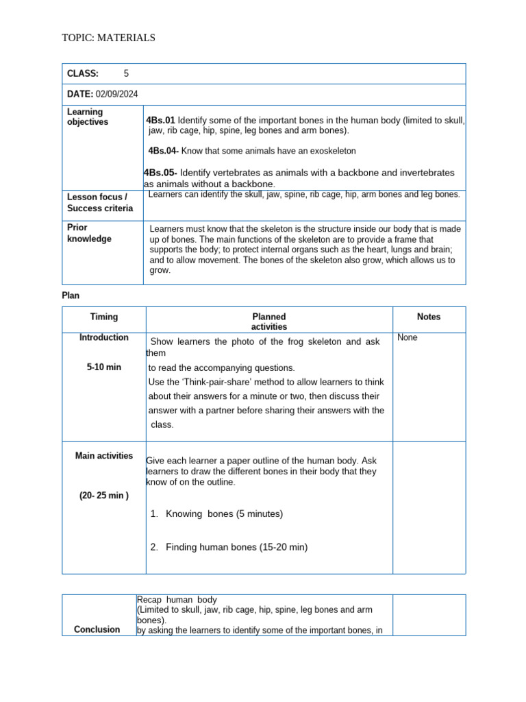 LESSON NOTES FOR year 5 SCIENCE | PDF | Skeleton | Learning