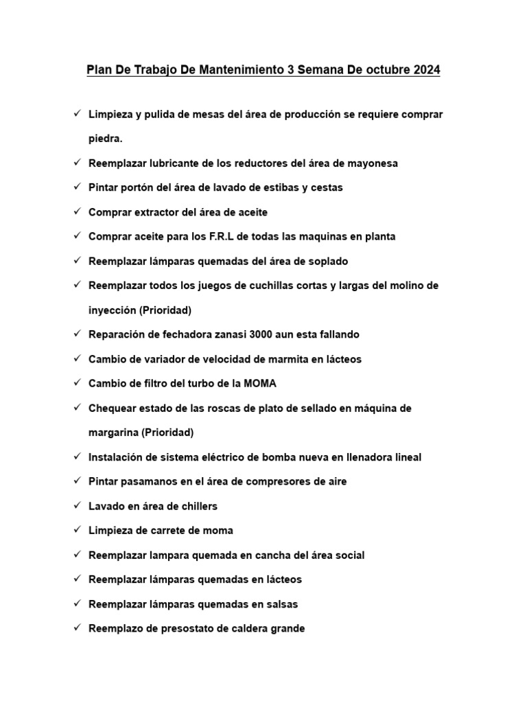 Plan de Trabajo de Mantenimiento 3 Semana de Octubre 2024 | PDF