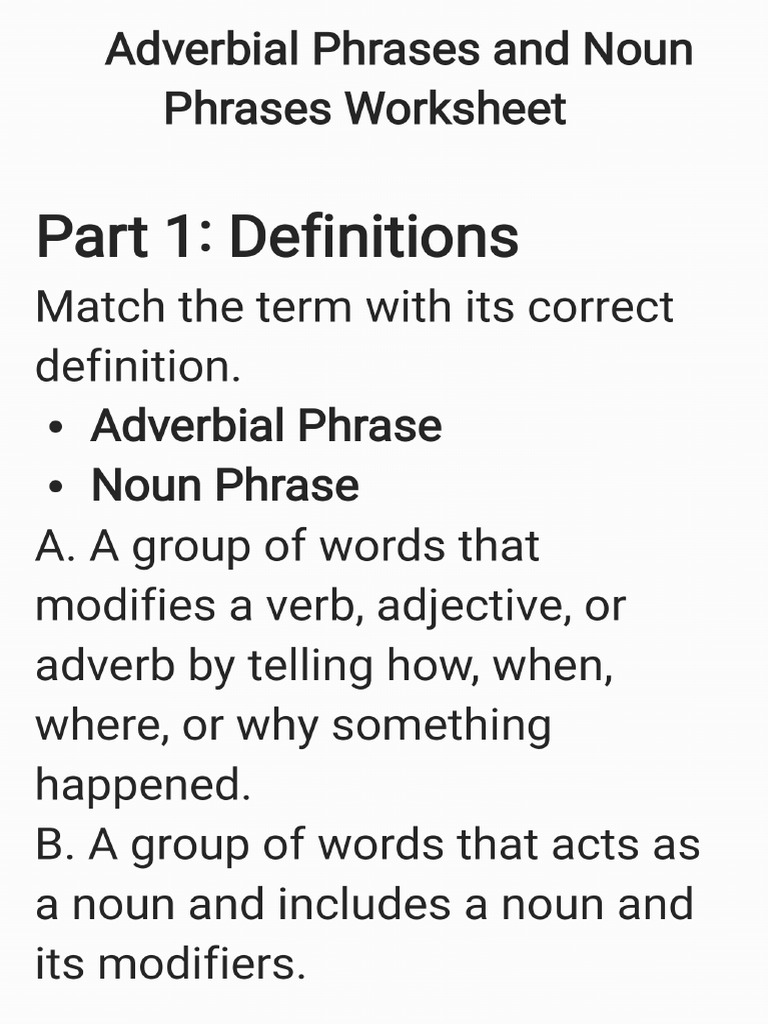 Adverbial Phrases and Noun Phrases Worksheet | PDF