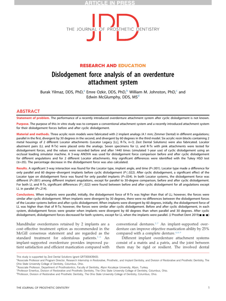 Dislodgement Force Analysis of An Overdenture | PDF | Dentistry Branches