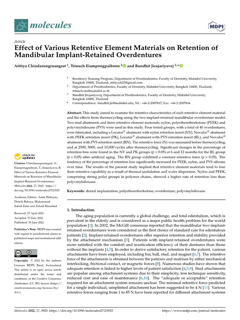 Effect of Various Retentive Element Materials On Retention of | PDF ...