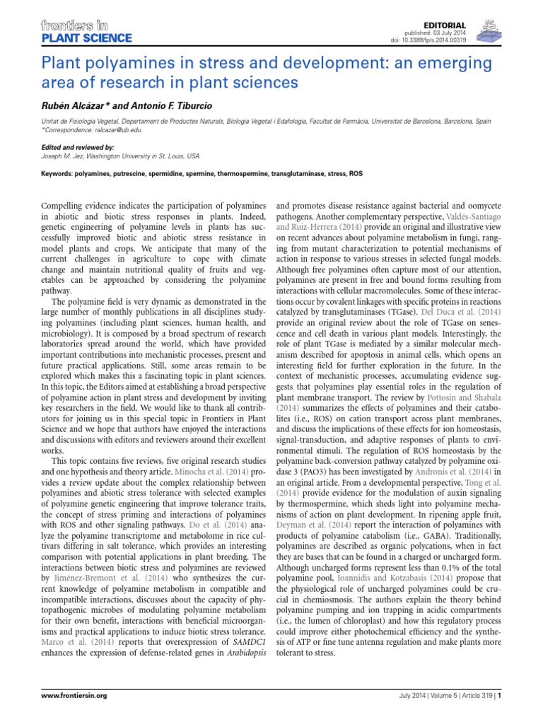 Plant Polyamines in Stress and Development An Emerging Area of Research ...