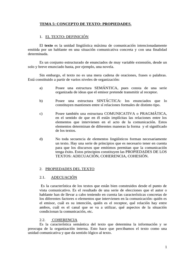 TEMA 5 EL TEXTO Y SUS PROPIEDADES | PDF | Comunicación | Lingüística