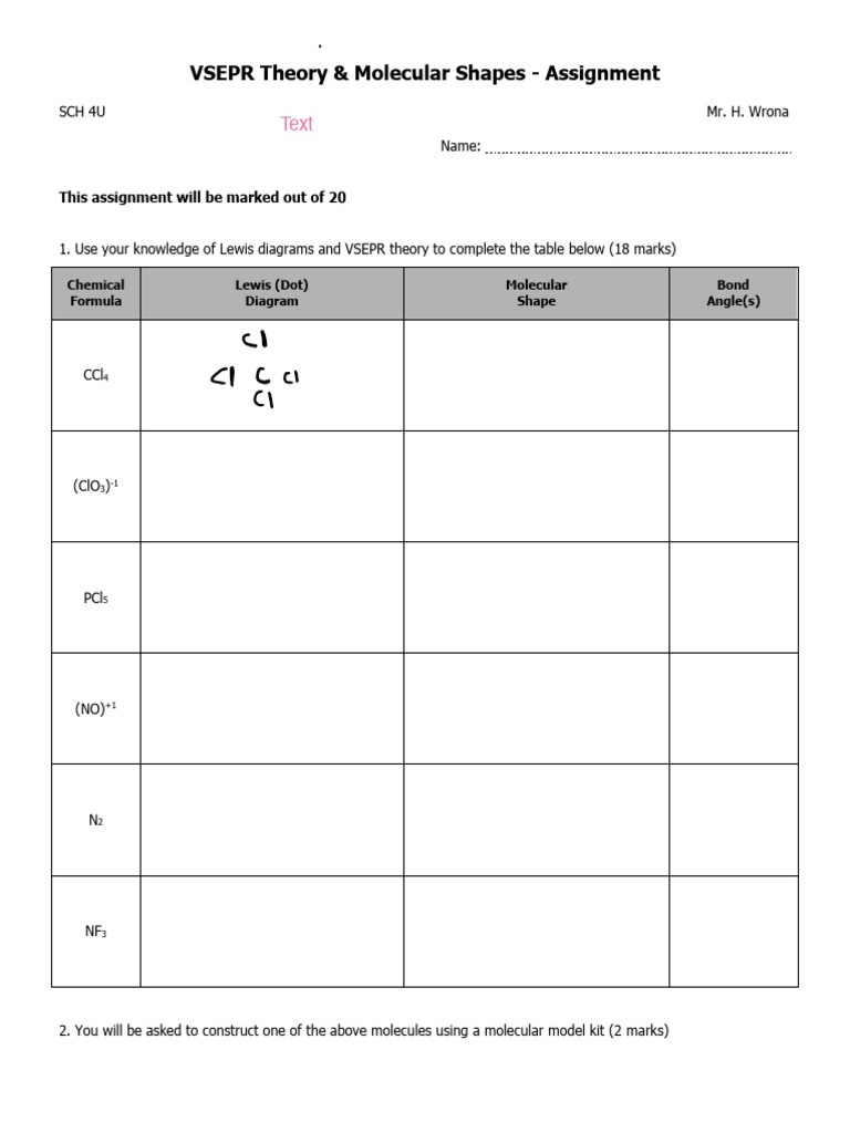Vsepr Theory Molecular Shapes Assignment 3 Pdf