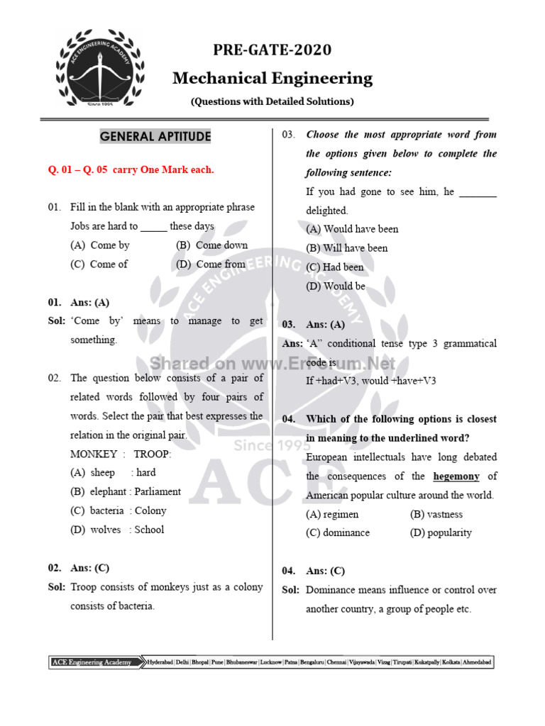 ME Pre-GATE - 2020 | PDF | Mechanical Engineering