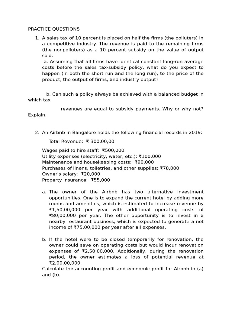 Economic Analysis Practice Questions | PDF | Economic Equilibrium | Profit (Economics)