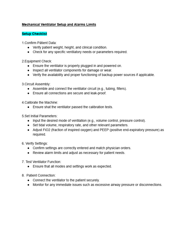 Mechanical Ventilator Setup & Alarms Guide | PDF | Medical Specialties ...