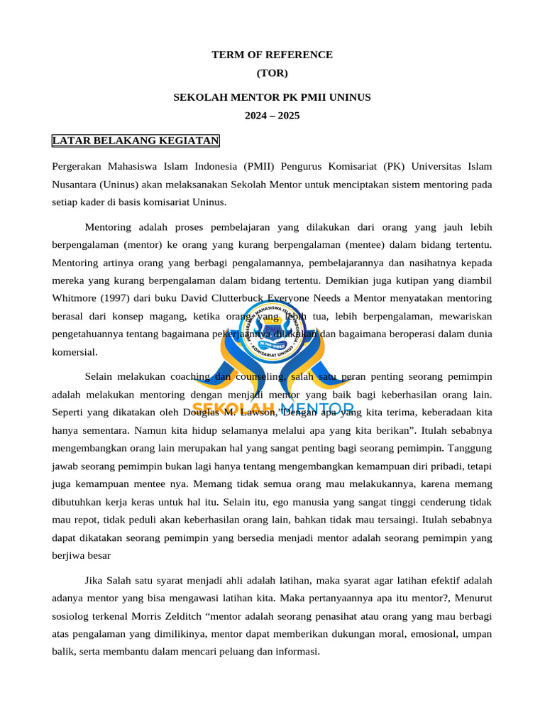 Term of Reference Sekolah Mentor PK Pmii Uninus | PDF