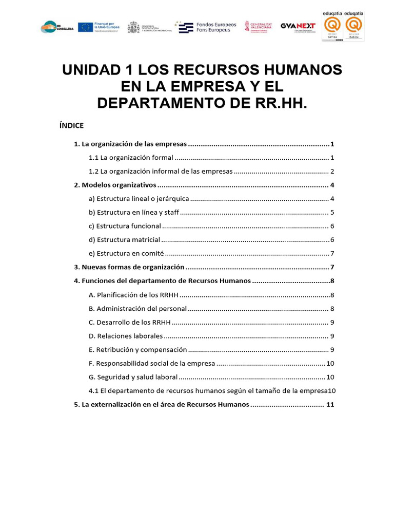 UD 1 Los RRHH en la empresa y el departamento de RRHH | PDF | Gestión de recursos humanos | Business