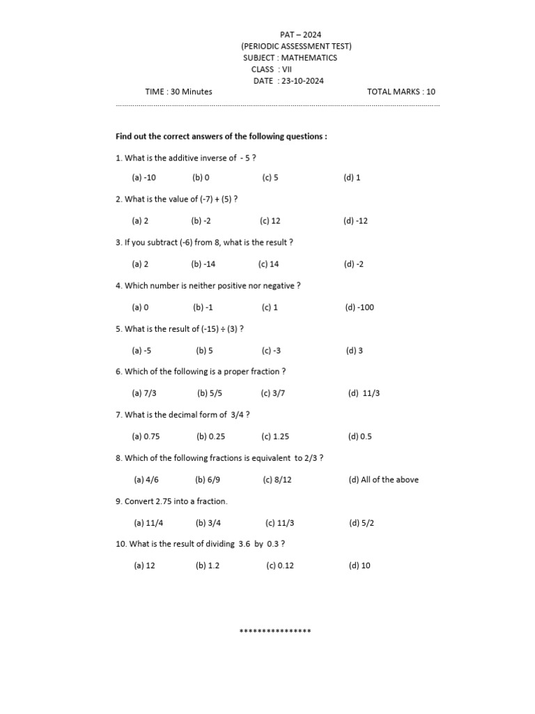 PAT-2024 Class-VII Maths Question Paper | PDF