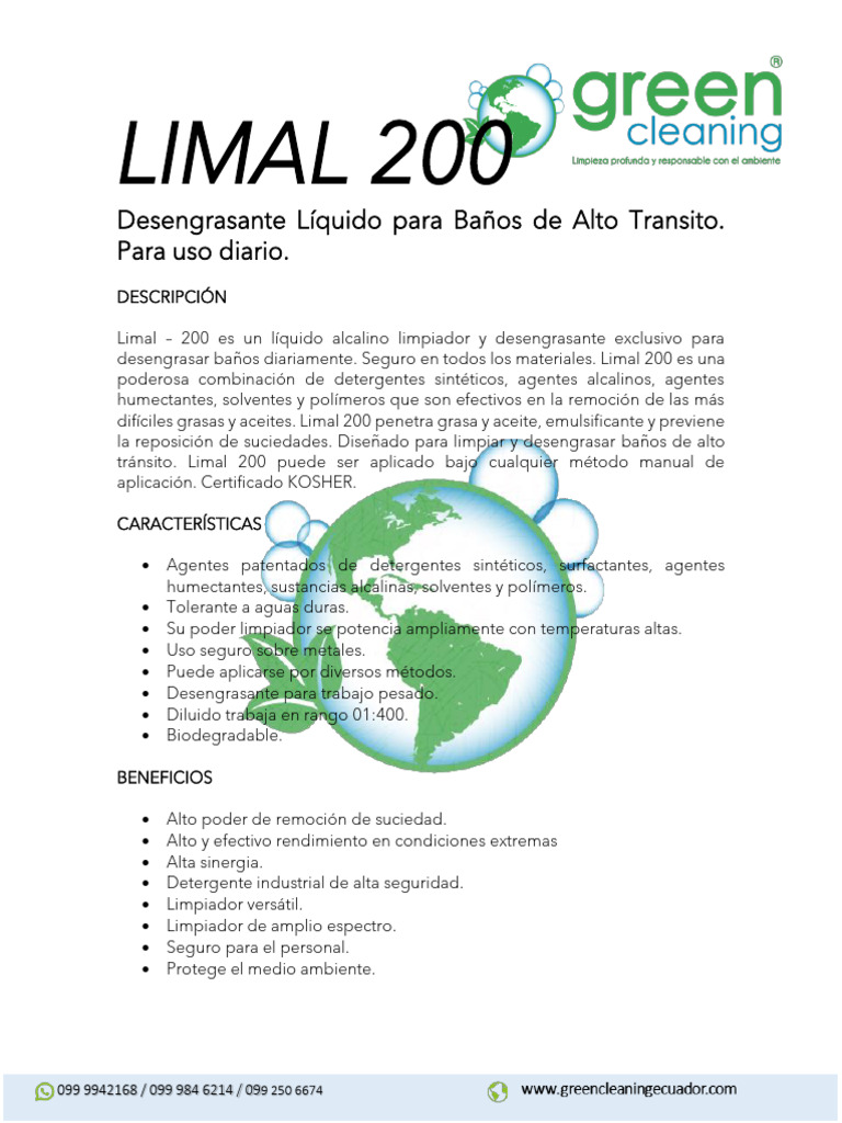 LIMAL 200 Desengrasante para Baños Ficha Tecnica | PDF | Detergente | Agua