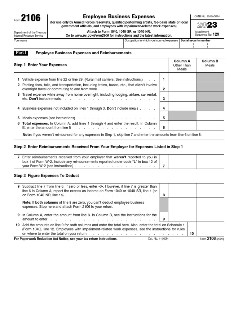 Employee Business Expenses: Column A Column B | PDF | Irs Tax Forms ...