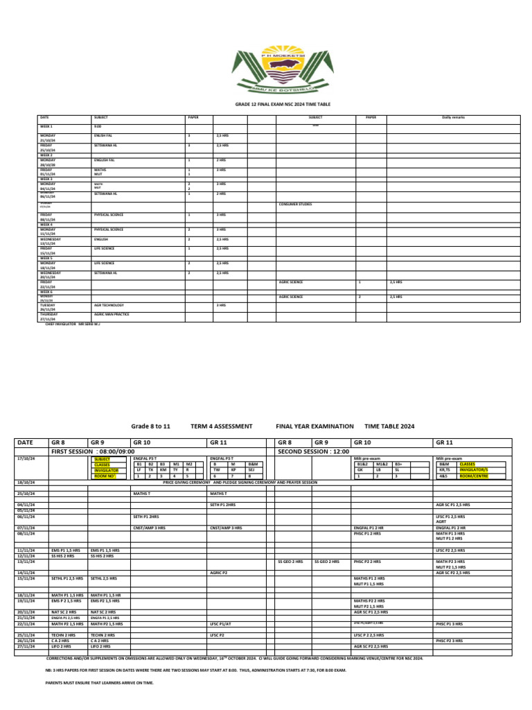 Exam Time Table Grade 8 To 12 2024 Final Invigilation Internal | PDF