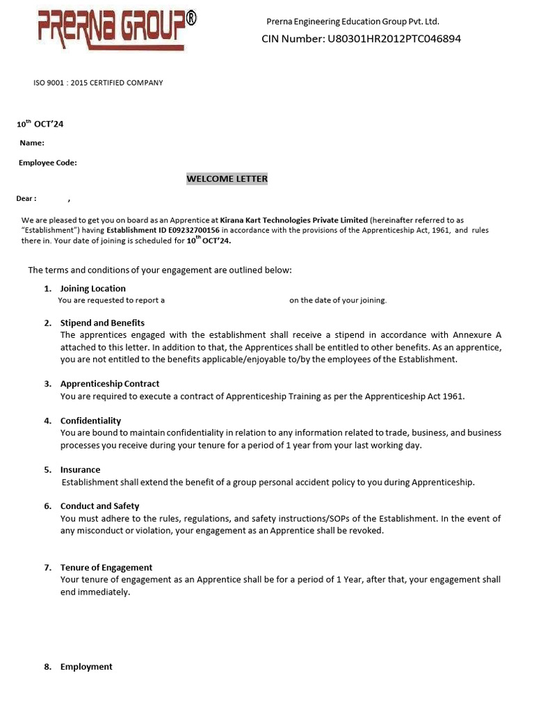 Welcome Letter - Arun R Stts076 Blr-Raghvendra Layout-2 | PDF ...