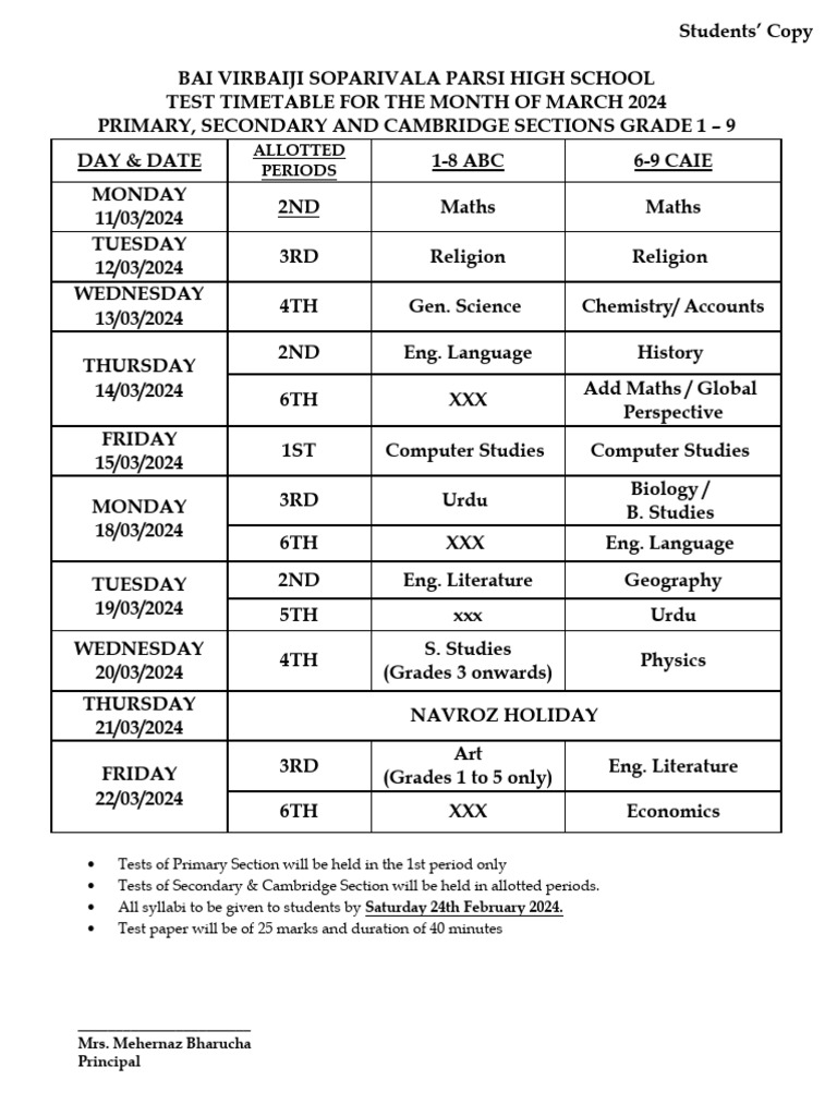 TEST TIME TABLE MARCH 2023 - Students | PDF
