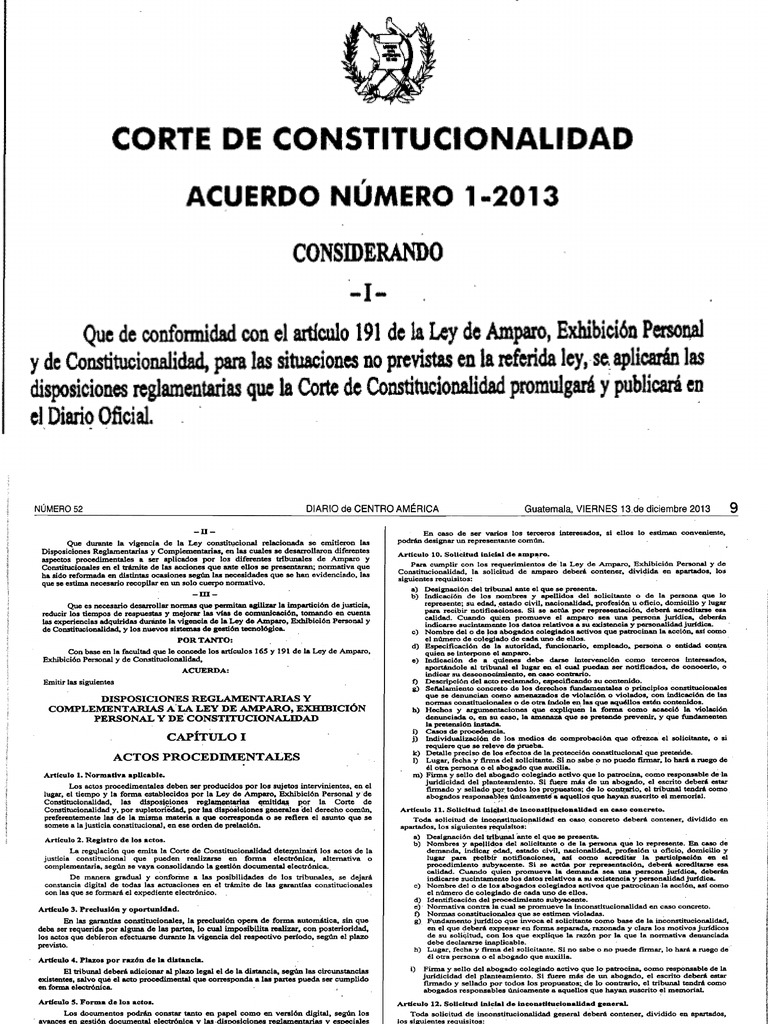 Acdo. CC 1-2013 Disposiciones Reglamentarias y Complementarias A La Ley de Amparo (DCA) | PDF ...