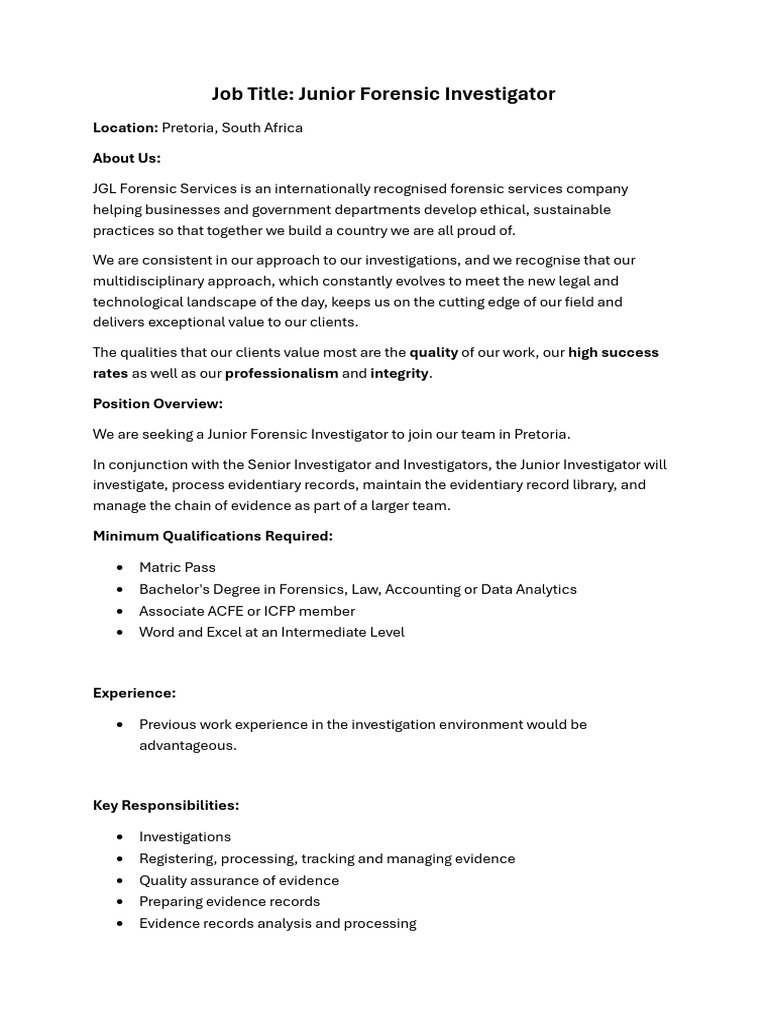 Junior Forensic Investigator 2 September 2024 | PDF | Integrity | Business