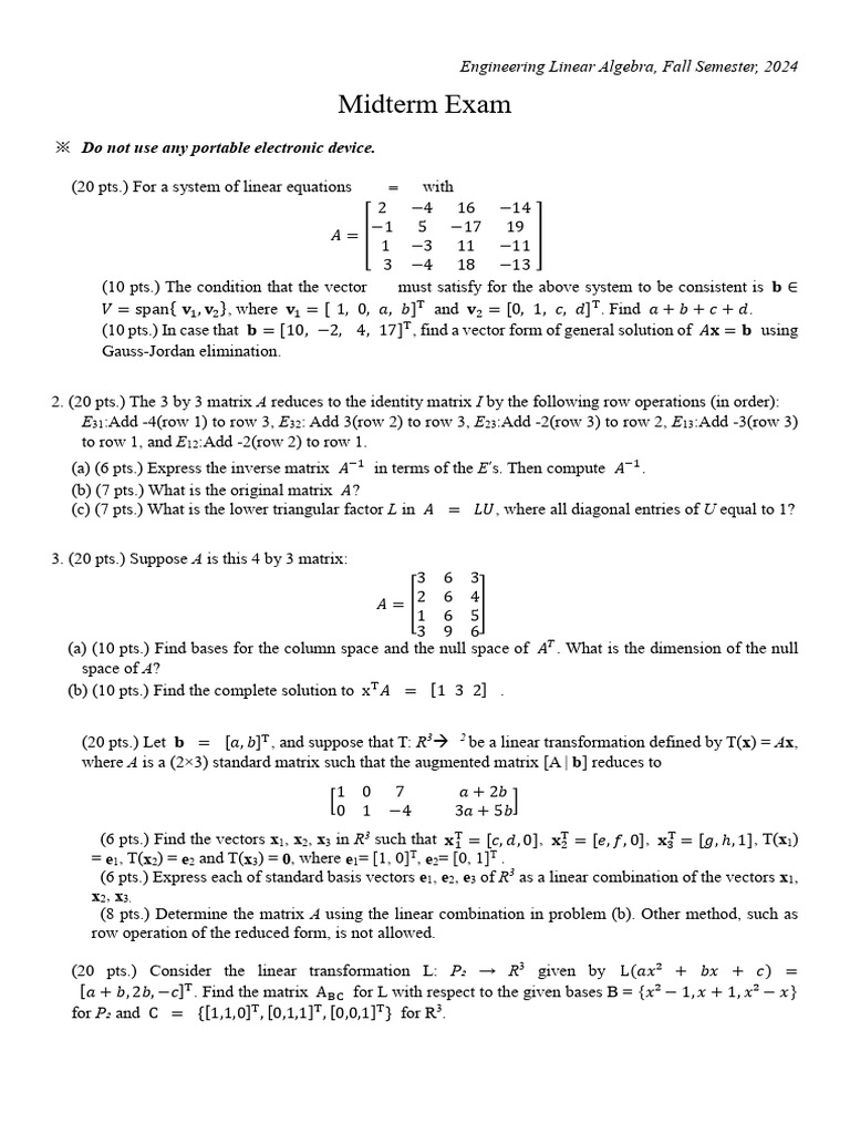 2024 Fall Engineering Linear Algebra Midterm Exam_Solution | PDF ... 2024 Fall Engineering Linear Algebra Midterm Exam_Solution | PDF ...
