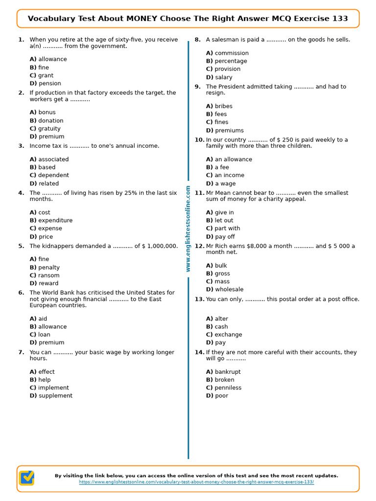 Vocabulary-test-about-moneyKEY | PDF | Taxes | Insurance