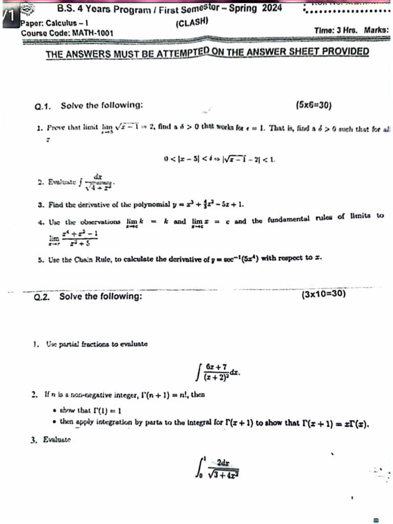 Calculus-1 Past - Papers | PDF