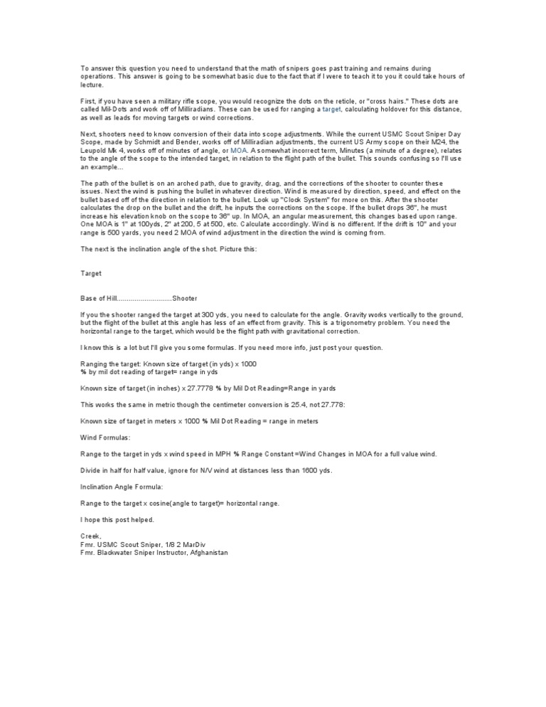 Sniper Calculations | PDF | Telescopic Sight | Minute And Second Of Arc