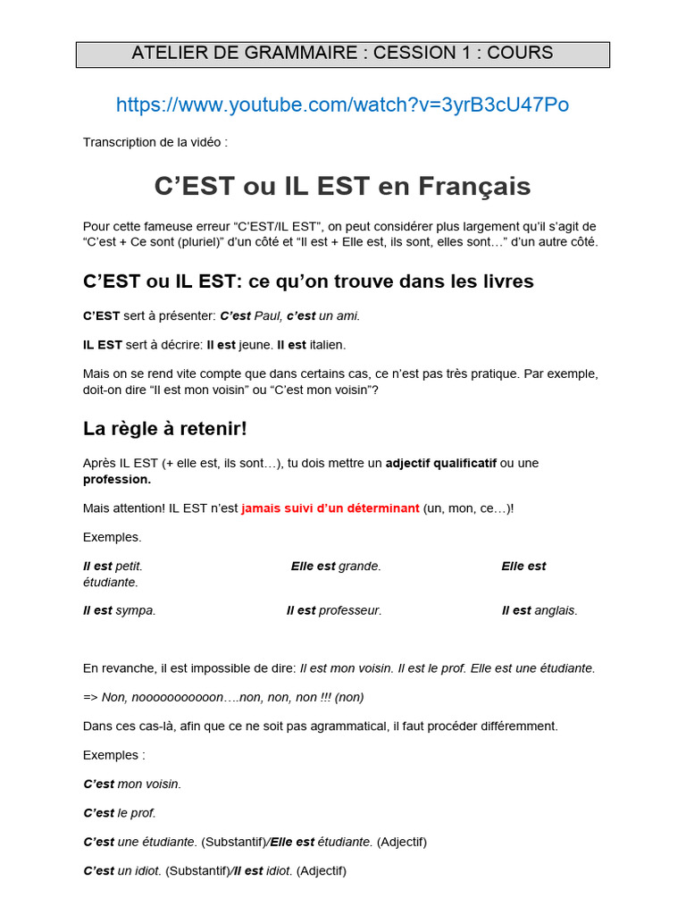 C'est ou Il est : Guide Pratique | PDF | Nom (grammaire) | Adjectif