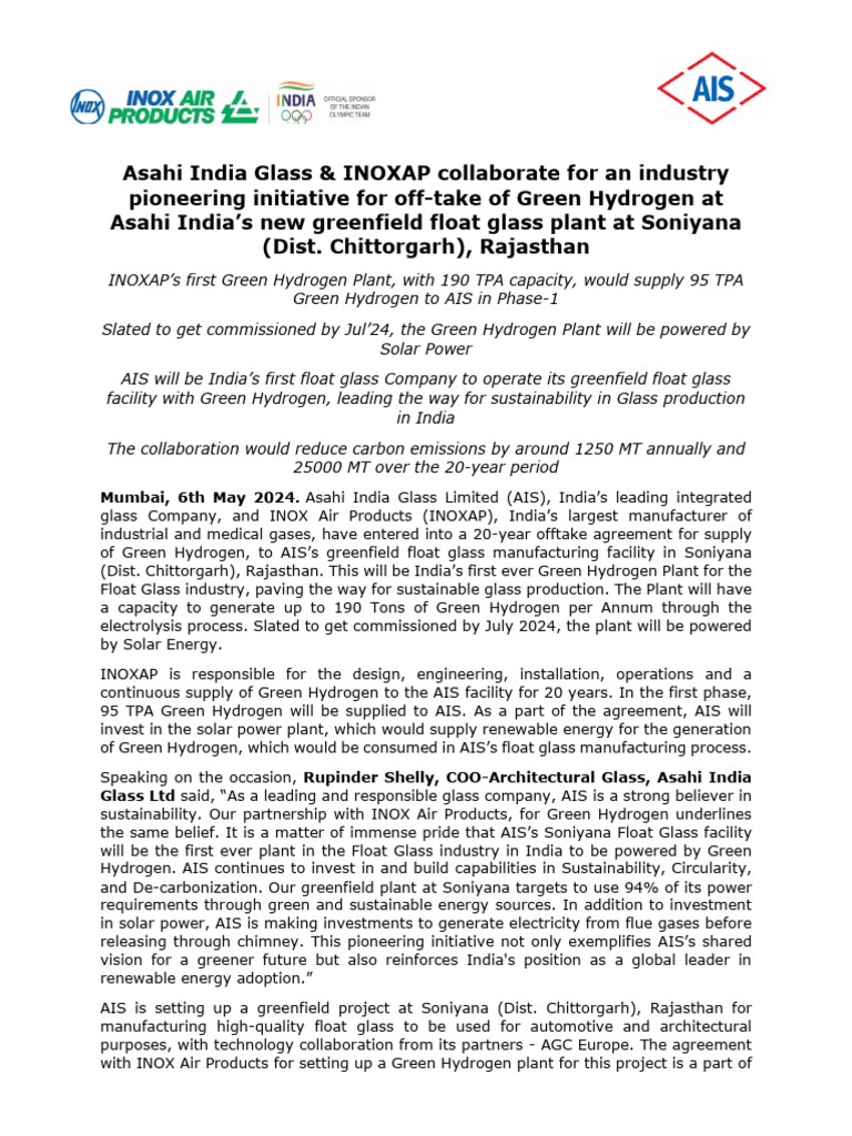 Press Release INOXAP Asahi Green Hydrogen 07 05 2024 | PDF | Hydrogen ...