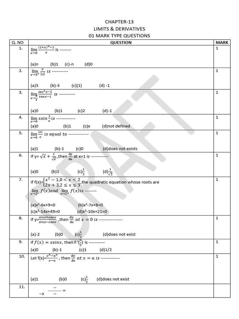 1 Mark Type (Limits & Derivatives) | PDF