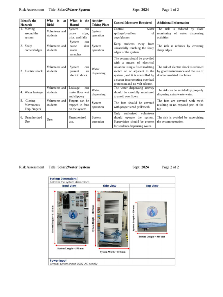 Risk Assessment Solar2Water | PDF | Risk | Safety