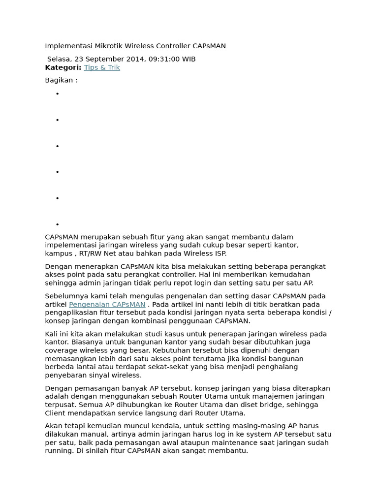 Implementasi Mikrotik Wireless Controller CAPsMAN | PDF