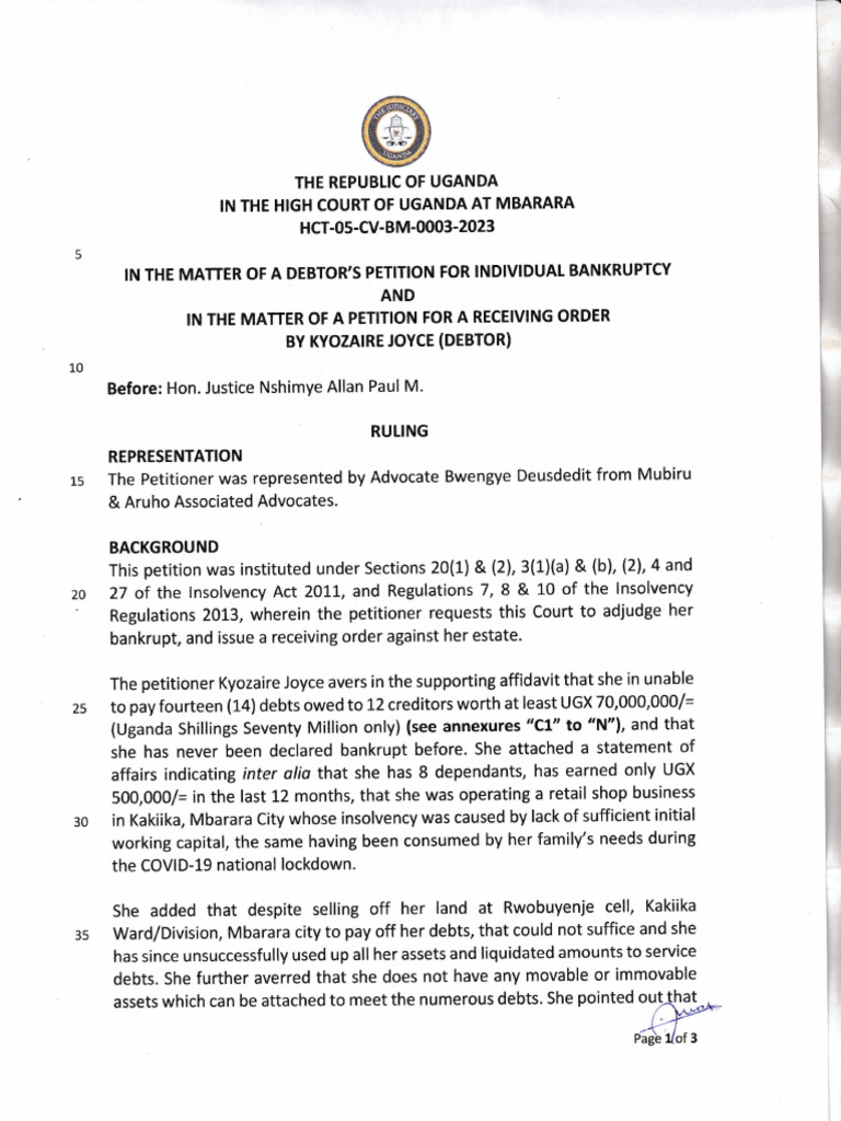 Uganda Bankruptcy Petition Dismissal | PDF | Bankruptcy | Personal Finance