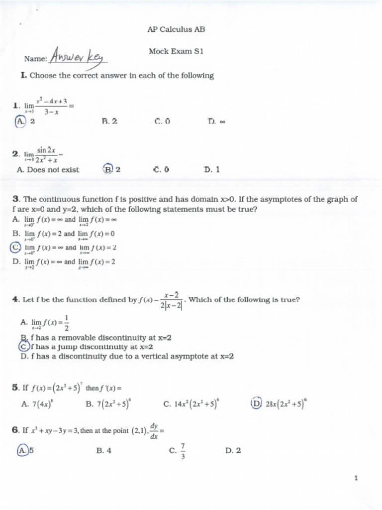 Answers To AP Calculus Mock Exam | PDF