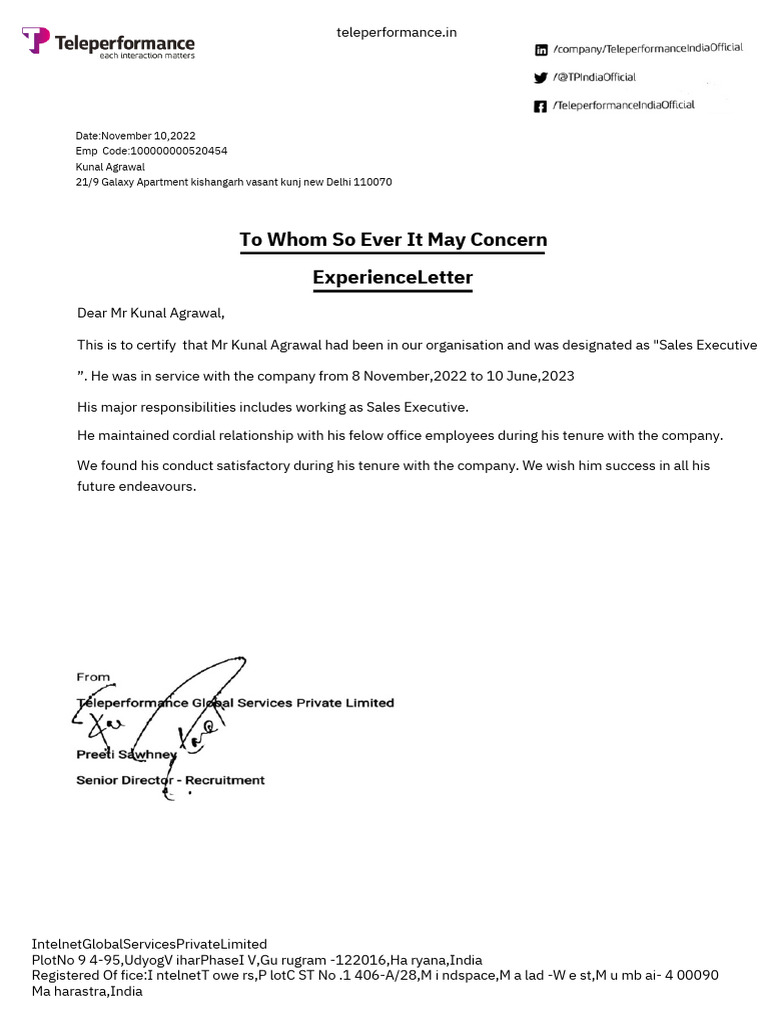 Tele performance experience letter. | PDF