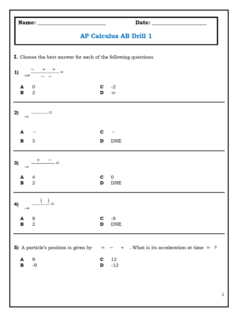 AP Calculus AB Drill 1 | PDF | Tangent | Asymptote