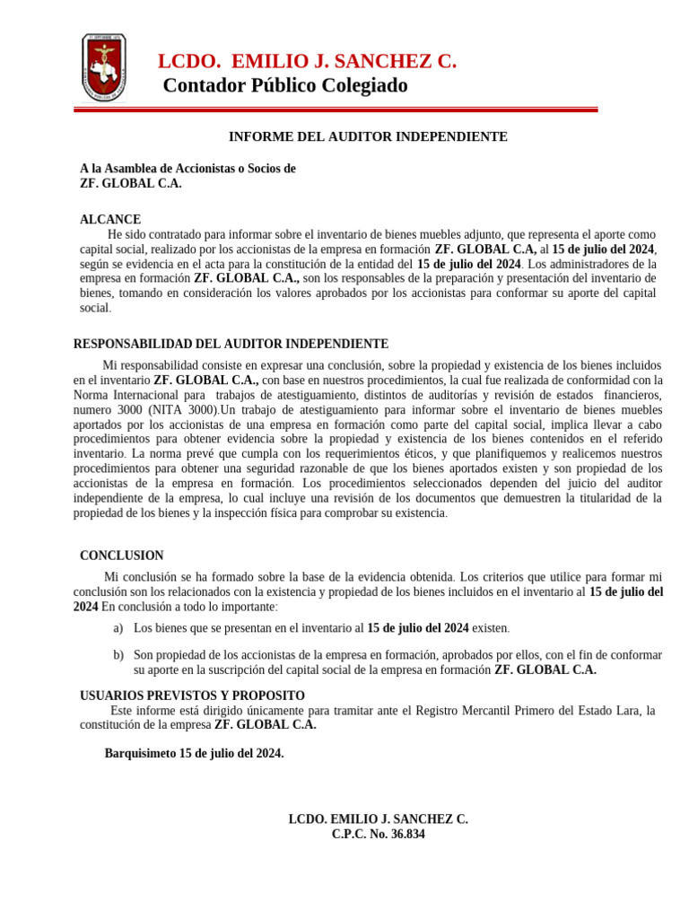 Informe Del Auditor Independiente | PDF | Business | Contralor