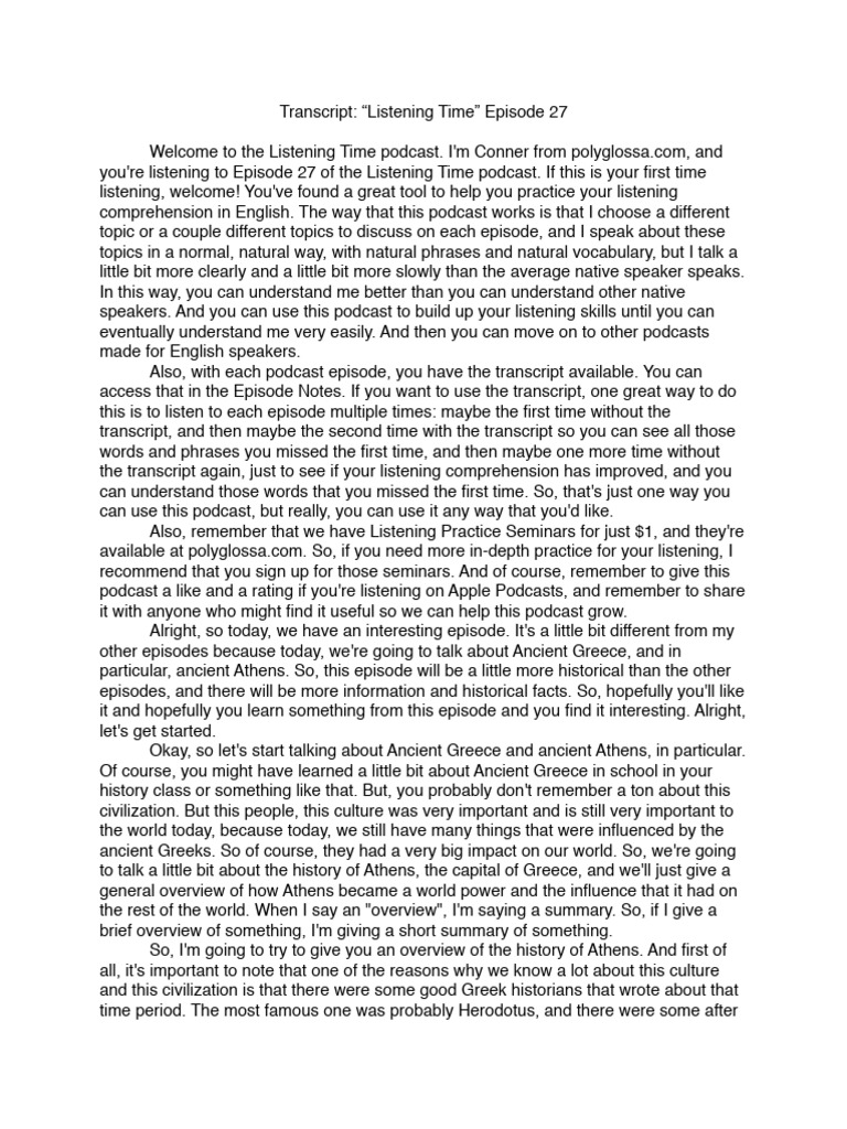 Episode 27 Transcript - Listening Time | PDF | Plato | Ancient Greece