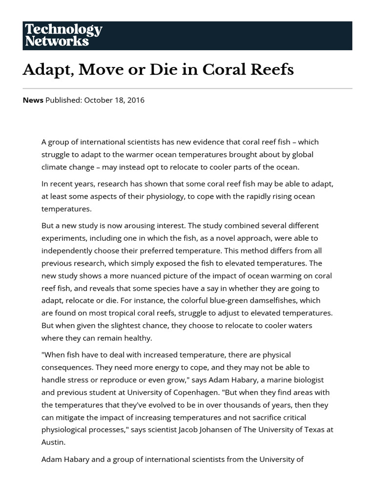 Adapt, Move or Die in Coral Reefs | PDF | Coral | Coral Reef