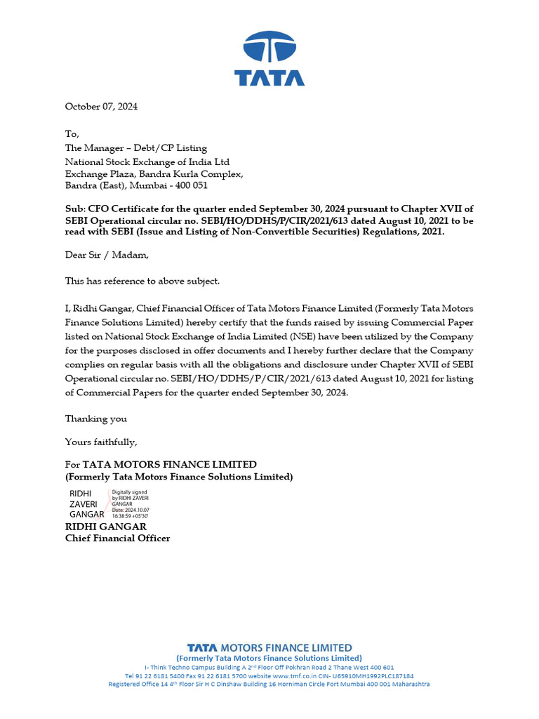 TMFL - CFO Certificate - September - 2024 | PDF