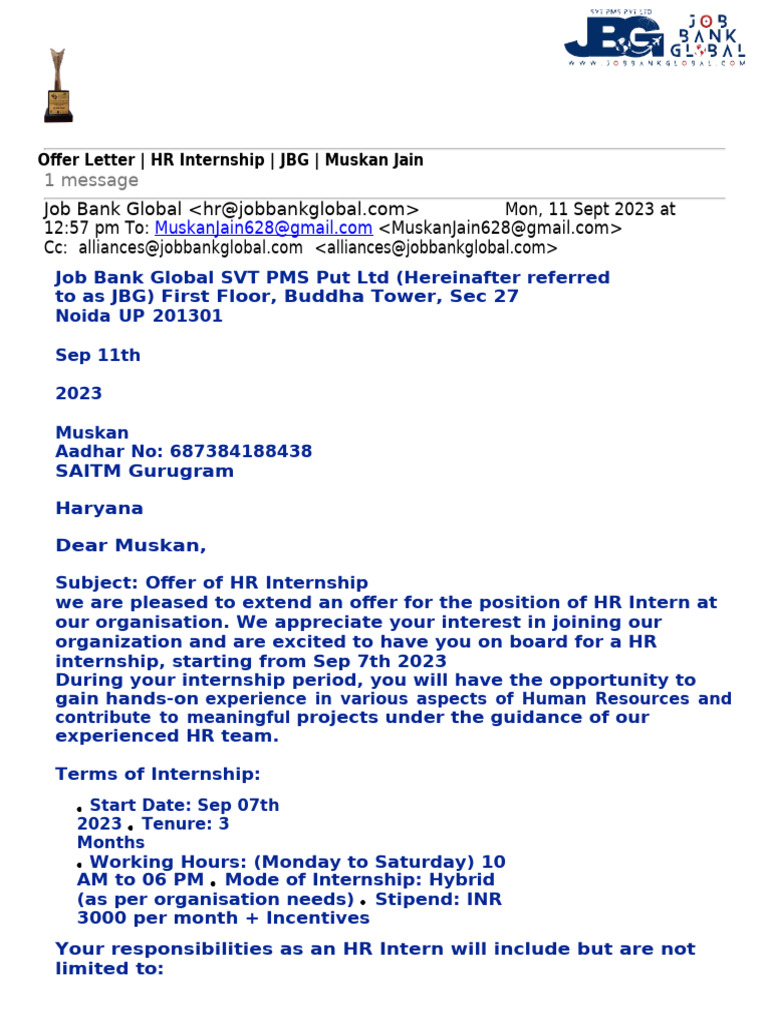 Gmail - Offer Letter - HR Internship - JBG MUSKAN JAIN | PDF | Business