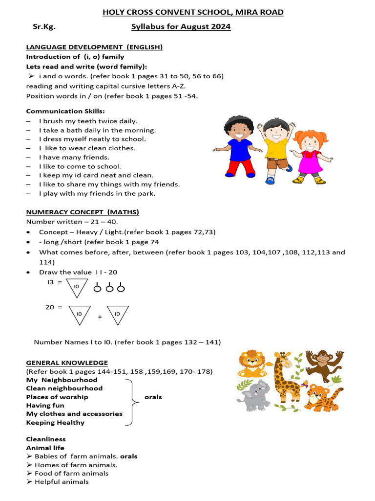 August 2024 Sr.Kg Syllabus Overview | PDF