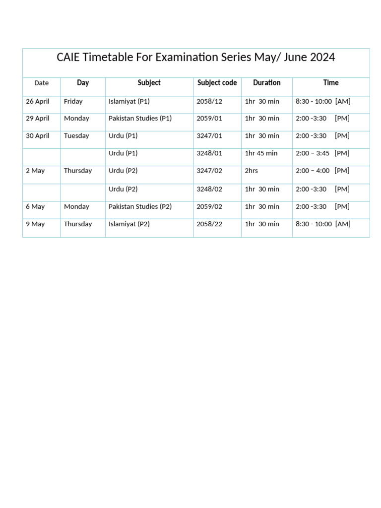 CAIE Timetable 2024 - Class 10 | PDF