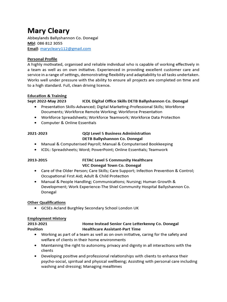 Cv Mary Cleary | PDF | Health Care