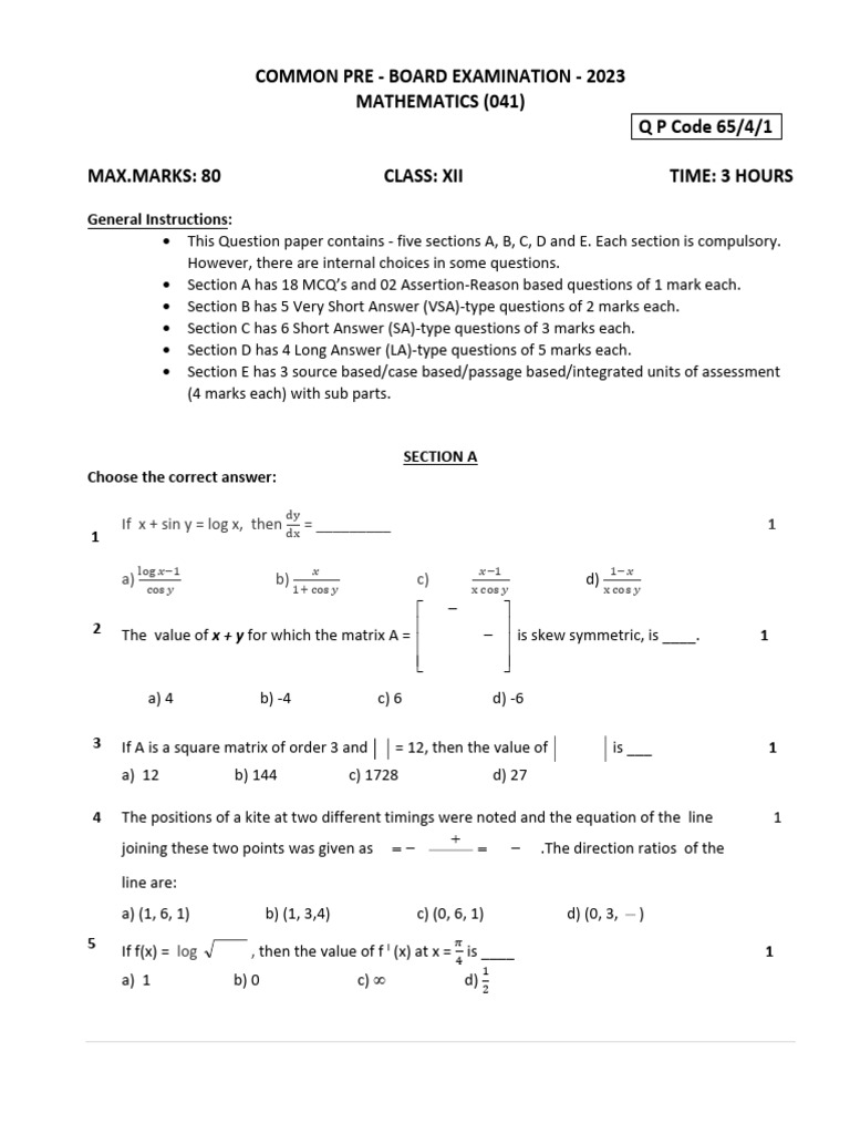 Common Pre - Board Examination - 2023 Mathematics (041) Q P Code 65/4/1 Max - Marks: 80 Class ...