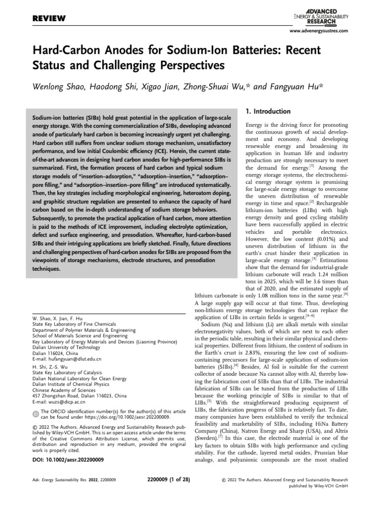 Hard-Carbon Anodes For Sodium-Ion Batteries Recent | PDF | Adsorption ...