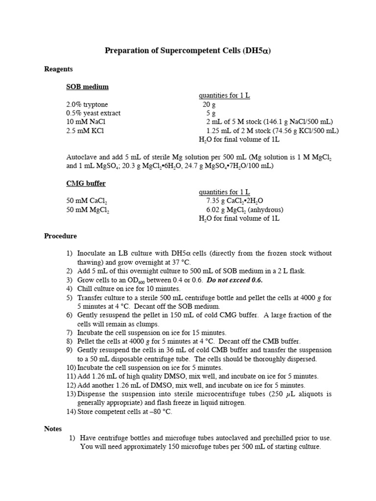 How to Prepare Supercompetent DH5α Cells | PDF | Laboratories